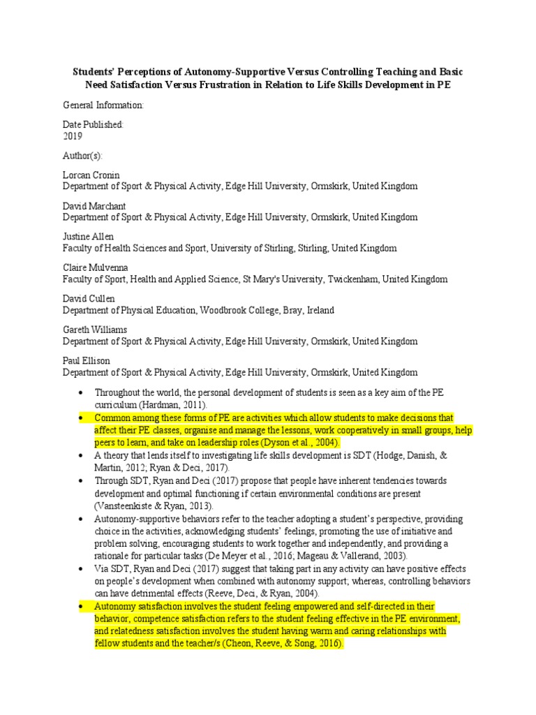 Students' Perceptions of Autonomy-Supportive Versus Controlling Teaching and Basic Need ...