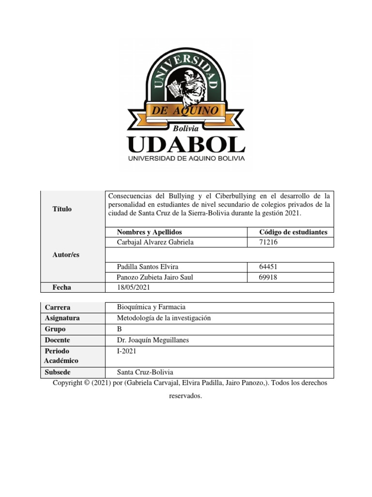 Proyecto de Investigacion Del Bullying y Cyberbullying. | PDF | Acoso ...