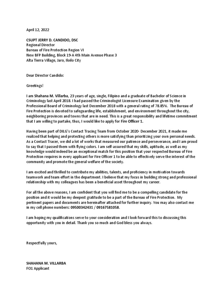 Application Letter for Fire Officer 1 | PDF | Career & Growth