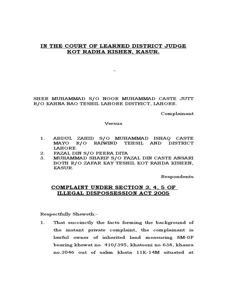 Complaint U.S 3,4,5 Illegal Dispossession Act - Sher Muhammad | PDF | Affidavit | Justice