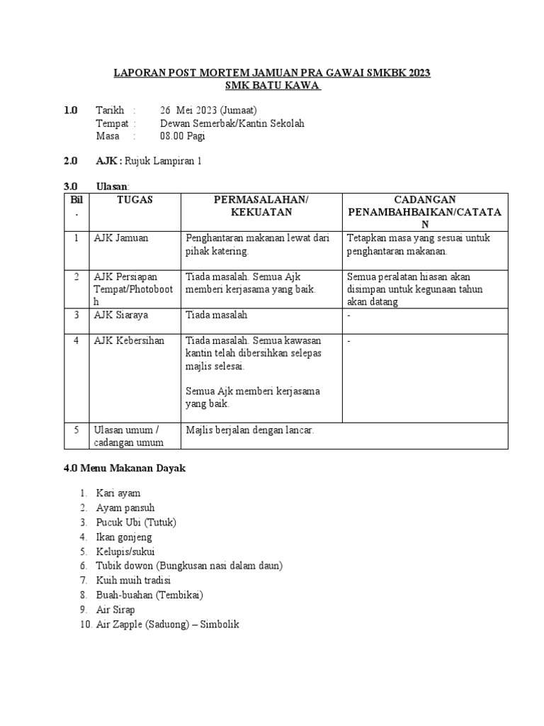 Laporan Post Mortem Ajk Jamuan Pra Gawai Smkbk 2023 | PDF