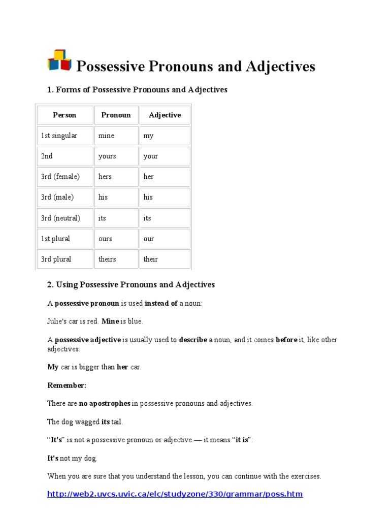 Possessive Pronouns and Adjectives | PDF | Pronoun | Grammatical Number