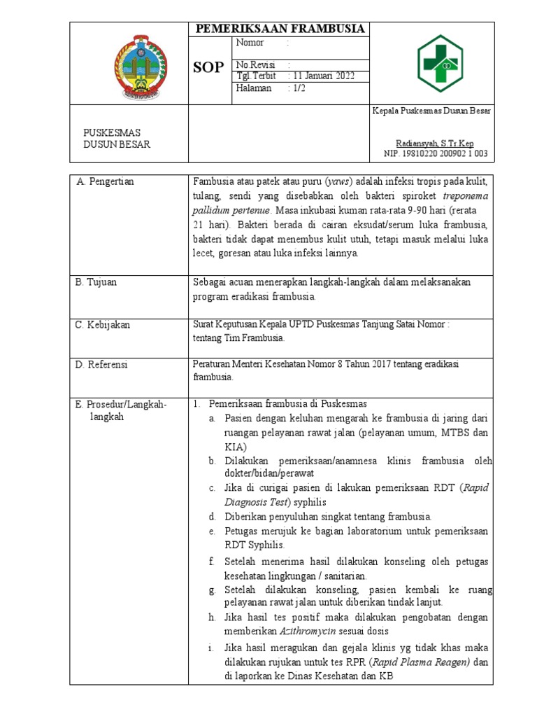 Sop Pemeriksaan Frambusia Puskesmas Dusun Besar | PDF