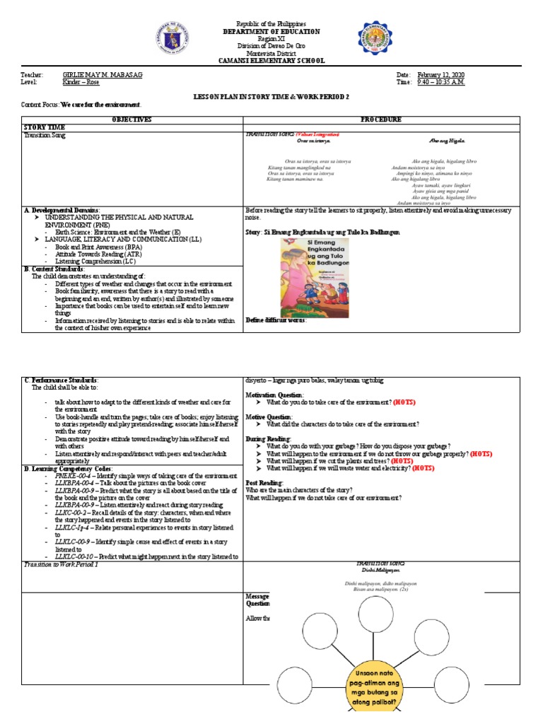 Kindergarten Story Lesson Plan: Environment | PDF | Learning | Vocabulary