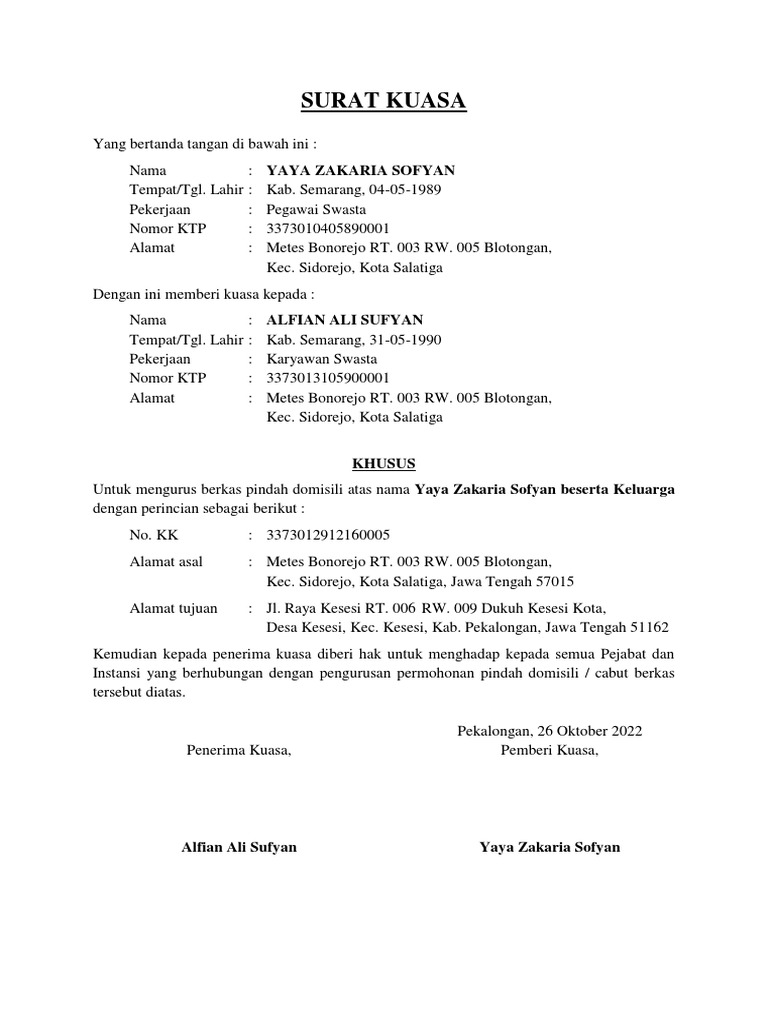 Surat Kuasa Pindah Domisili Yaya Zakaria | PDF