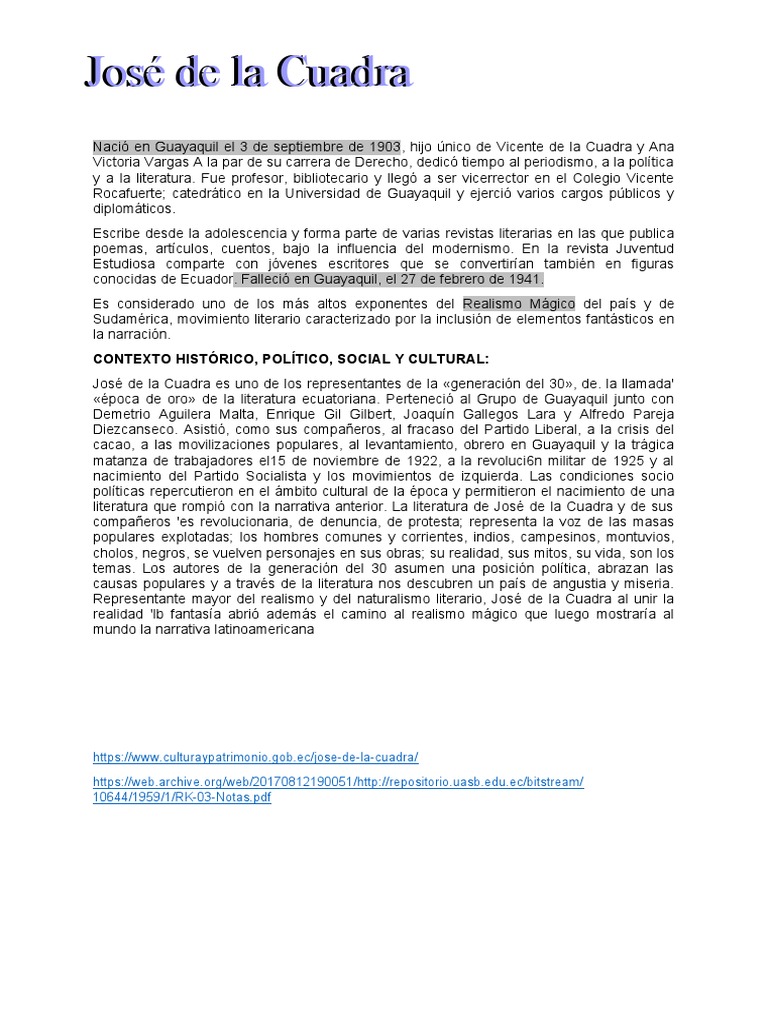 Biografía de José de la Cuadra | PDF