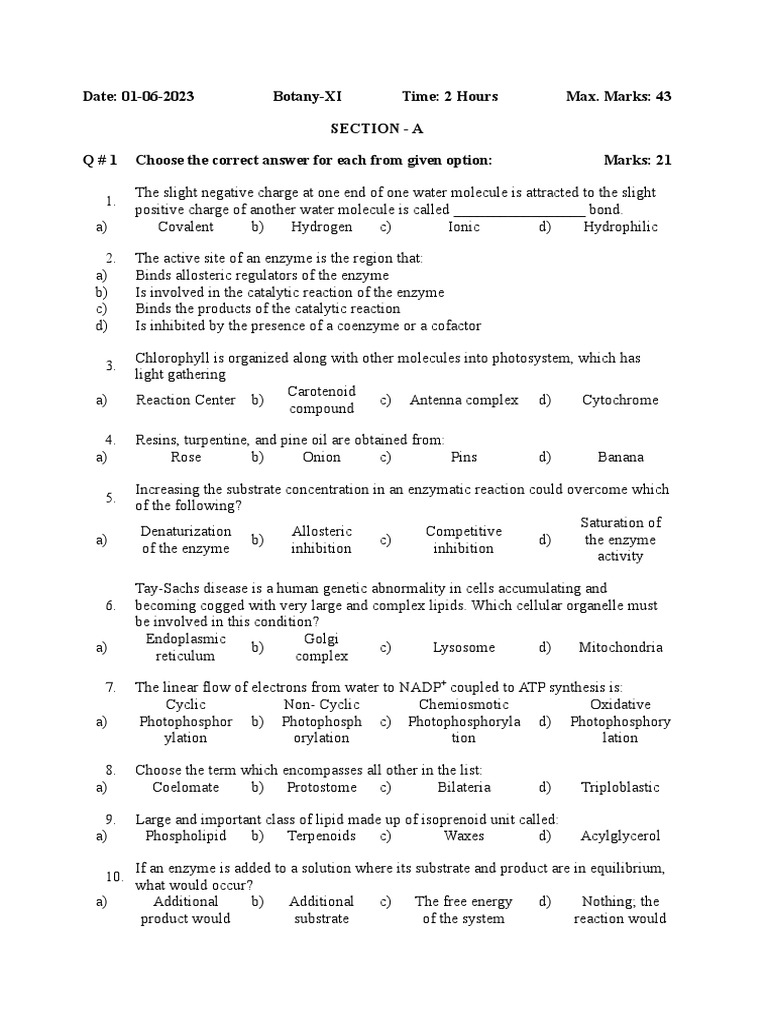 Botany XI STBB MOC 2023 | PDF