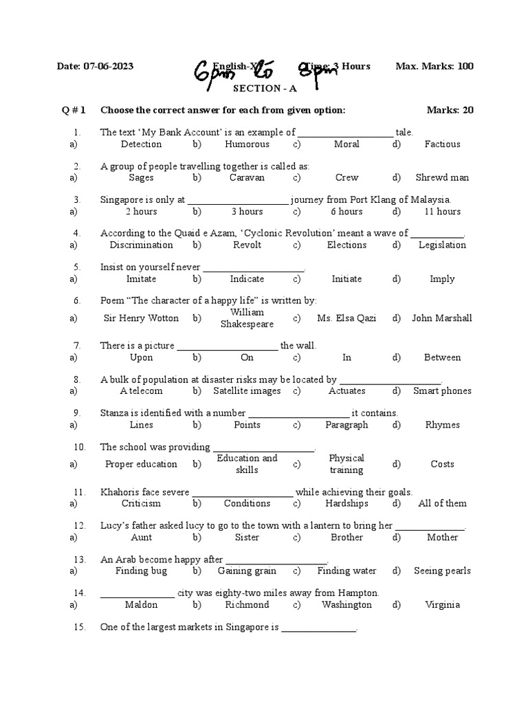 English XI STBB MOC 2023 | PDF