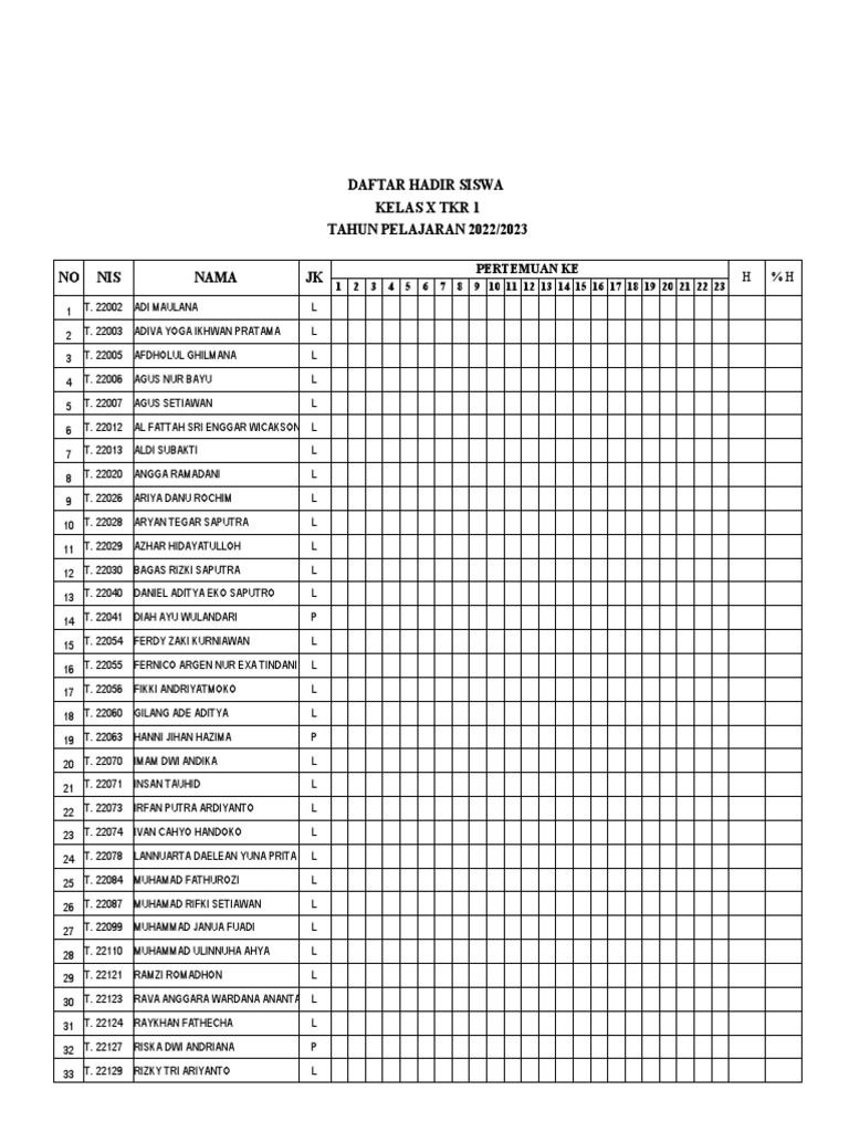 Daftar Presensi Th 2022 2023 Pdf
