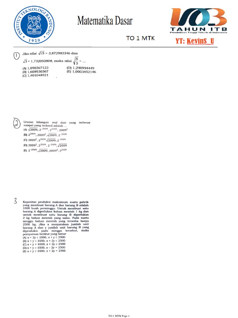 Soal To 1 MTK SM Itb | PDF