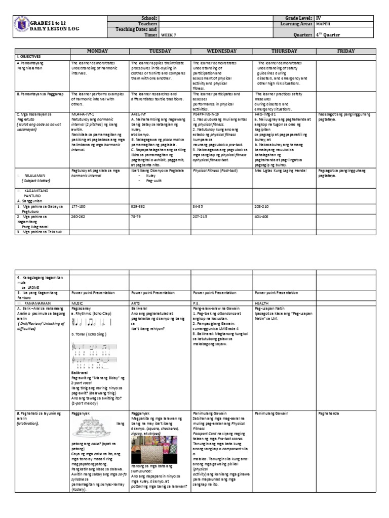 Grade 4 DLL MAPEH 4 Q4 Week 7 | PDF