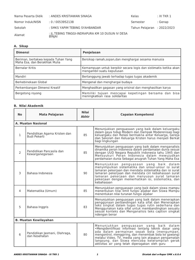 Rapor Andes Kristiawan Sinaga - Xi TKR 1 | PDF