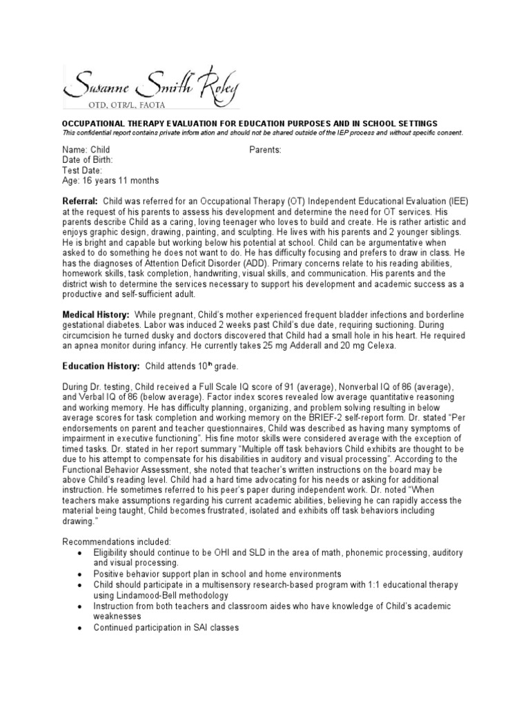 Sample Report Teenager Not SI | PDF | Mindfulness | Occupational Therapy