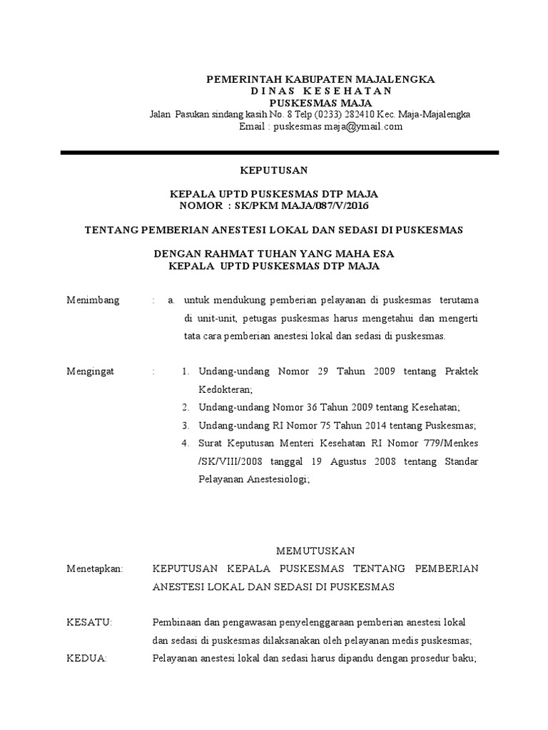 361811896-Sk-Pemberian-Anestesi-Lokal-Dan-Sedasi-Di-Puskesmas-Doc-1 | PDF