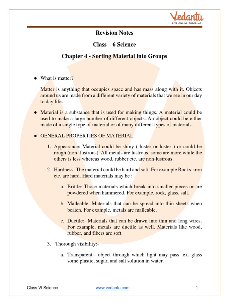 Class 6 Science Chapter 4 Revision Notes | PDF | Water | Ductility