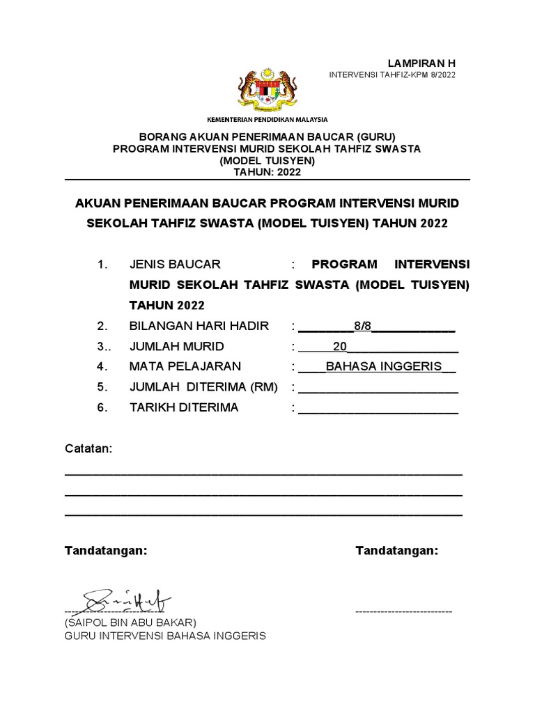 Lampiran H - Borang Akuan Penerimaan Baucar Model Tuisyen | PDF Lampiran H - Borang Akuan Penerimaan Baucar Model Tuisyen | PDF