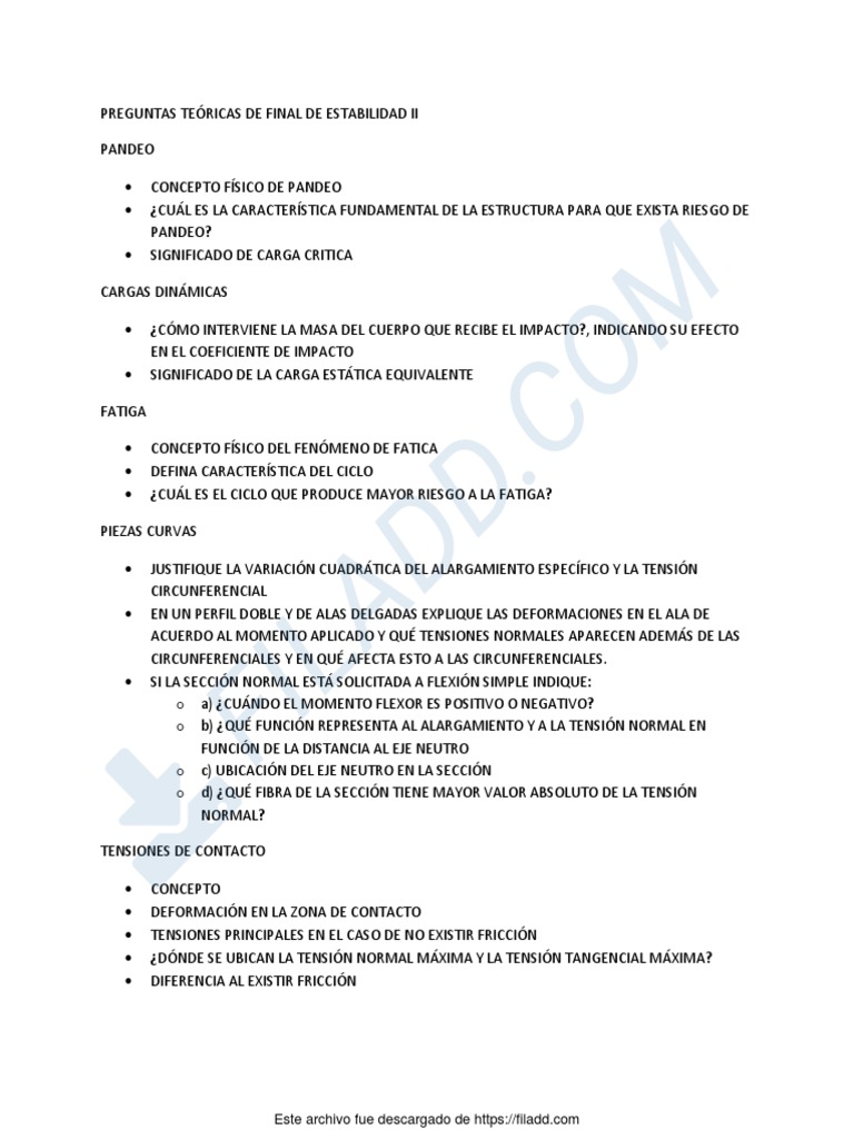 PREGUNTAS TEoRICAS DE FINAL DE ESTABILIDAD II | PDF | Estrés (Mecánica) | Fricción