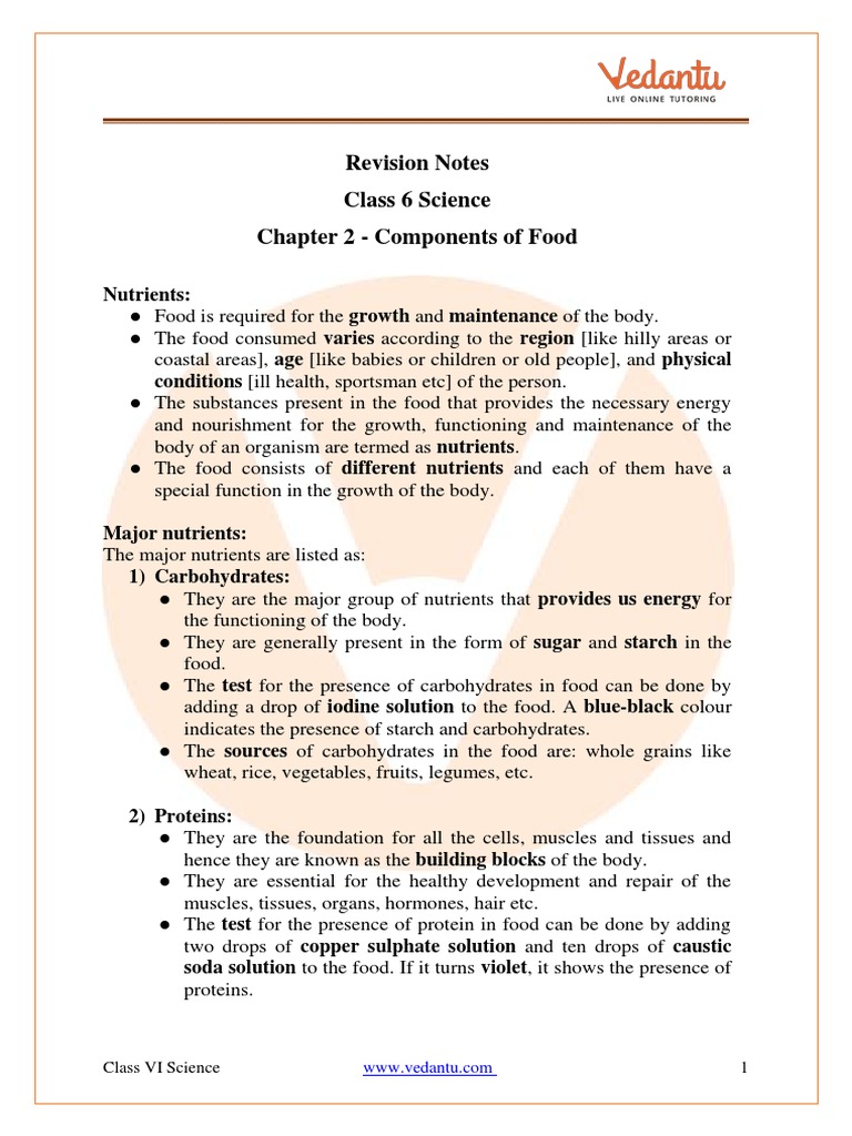 Class 6 Science Chapter 2 Revision Notes | PDF | Foods | Nutrients