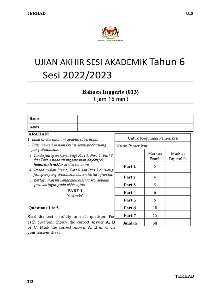 BI Year 6 Testpaper | PDF