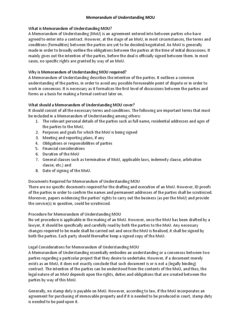 Memorandum of Understanding MOU | PDF | Memorandum Of Understanding ...