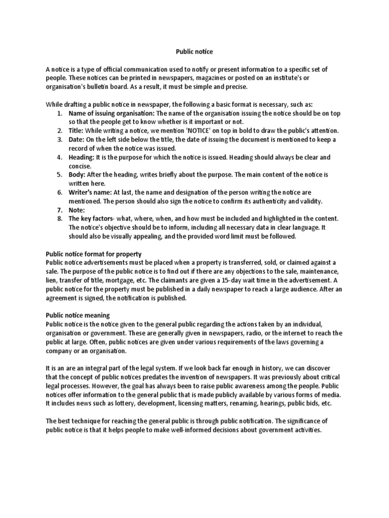 Public Notice Format | PDF | Auction | Newspapers