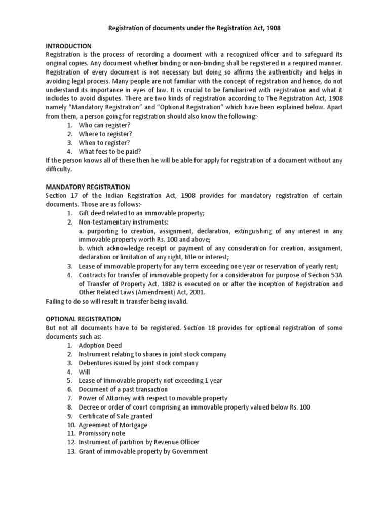 Registration of Documents Under The Registration Act | PDF | Will And ...
