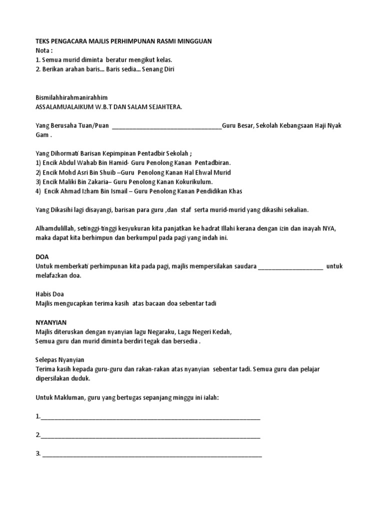 Teks Pengacara Majlis Perhimpunan Rasmi | PDF