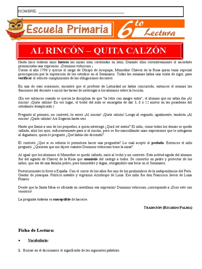 Al Rincón Quita Calzon para Sexto Grado de Primaria | PDF Al Rincón Quita Calzon para Sexto Grado de Primaria | PDF