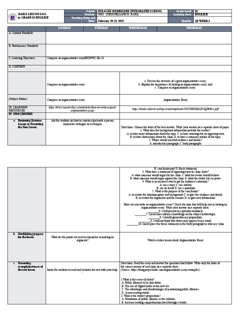Melc DLL Eng 10 Week 1 Final Q3 Done | PDF | Essays | Teachers