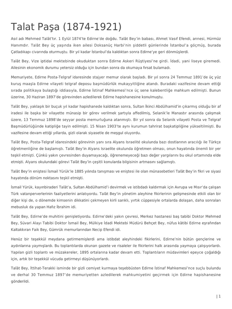 Talat Paşa Hayatı (1874-1921) PDF | PDF