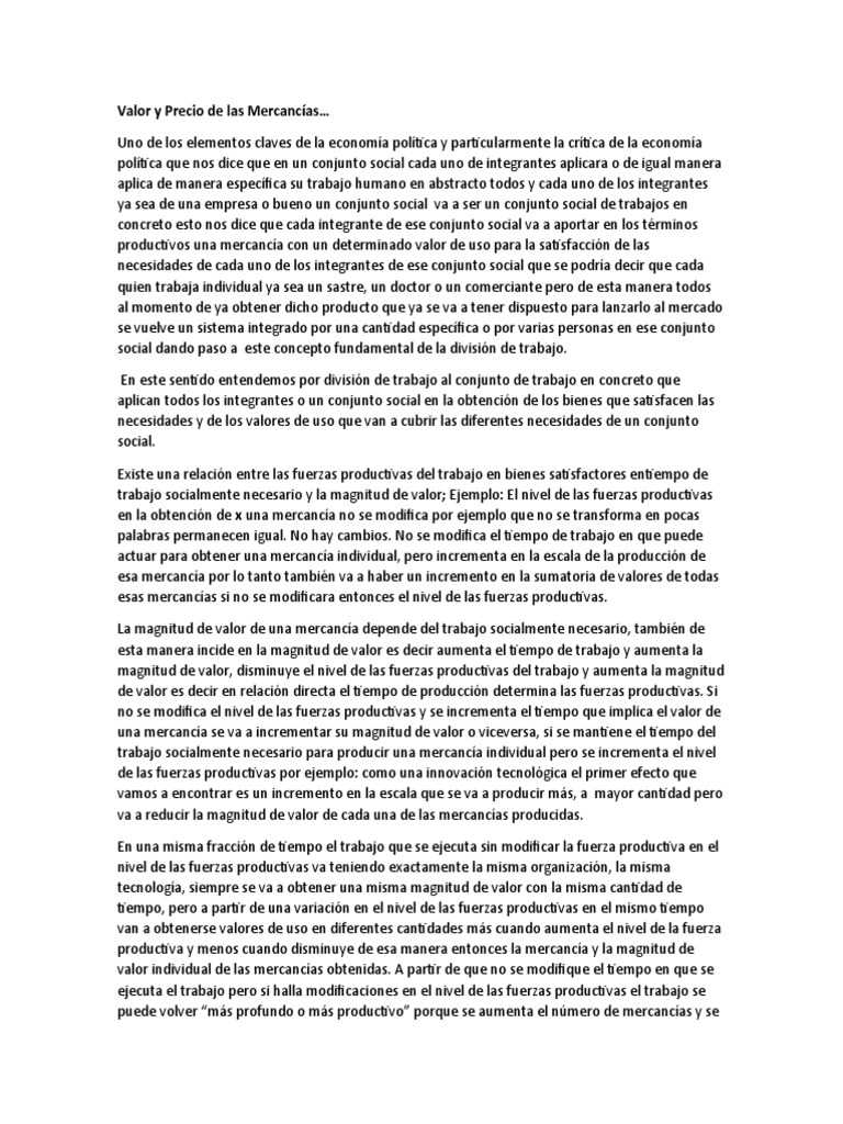 Valor y Precio de Las Mercancias - Teoria Del Valor. | PDF Valor y Precio de Las Mercancias - Teoria Del Valor. | PDF
