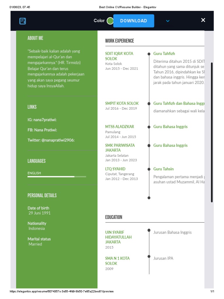 Resume Guru Bahasa Inggris dan Tahfizh | PDF