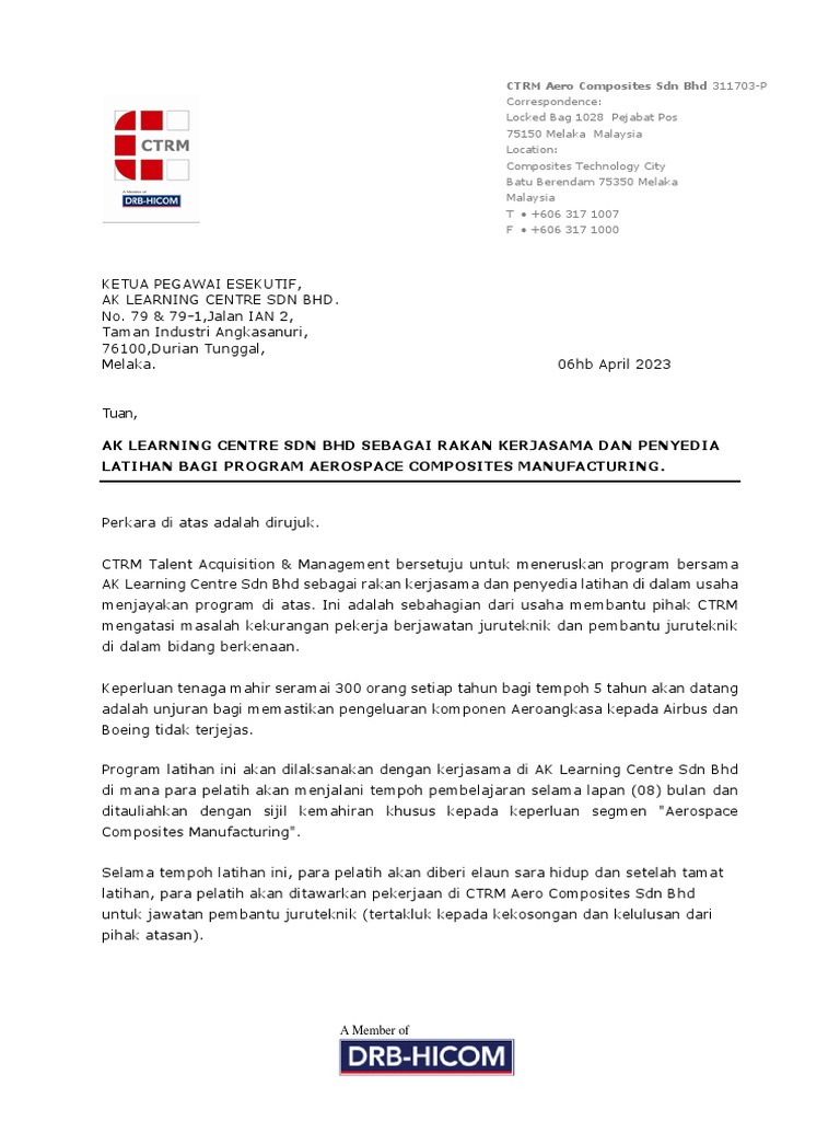Surat Kerjasama CTRM Talent Acquisition & Management Bersama AK Learning Centre | PDF