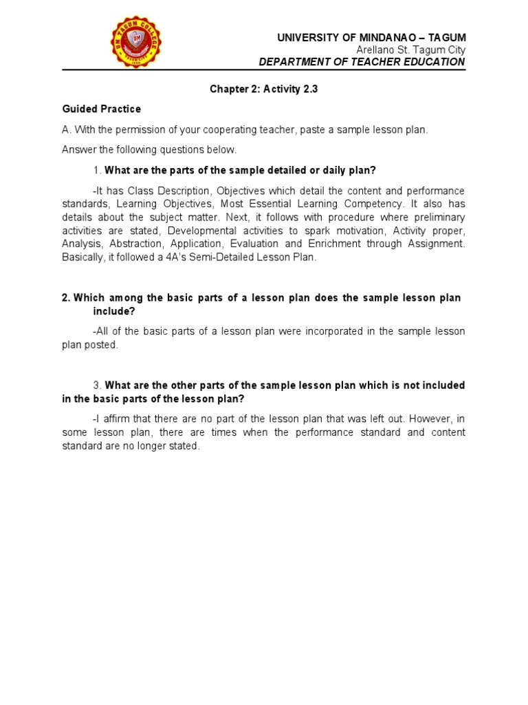 Chapter 2 Activity 2.3 | PDF | Lesson Plan | Teachers