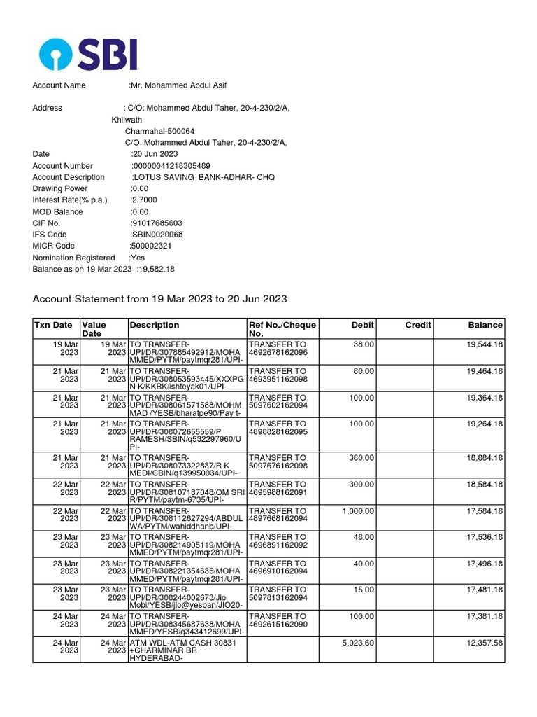 Account Statement From 19 Mar 2023 To 20 Jun 2023 | PDF | Debit Card | Automated Teller Machine