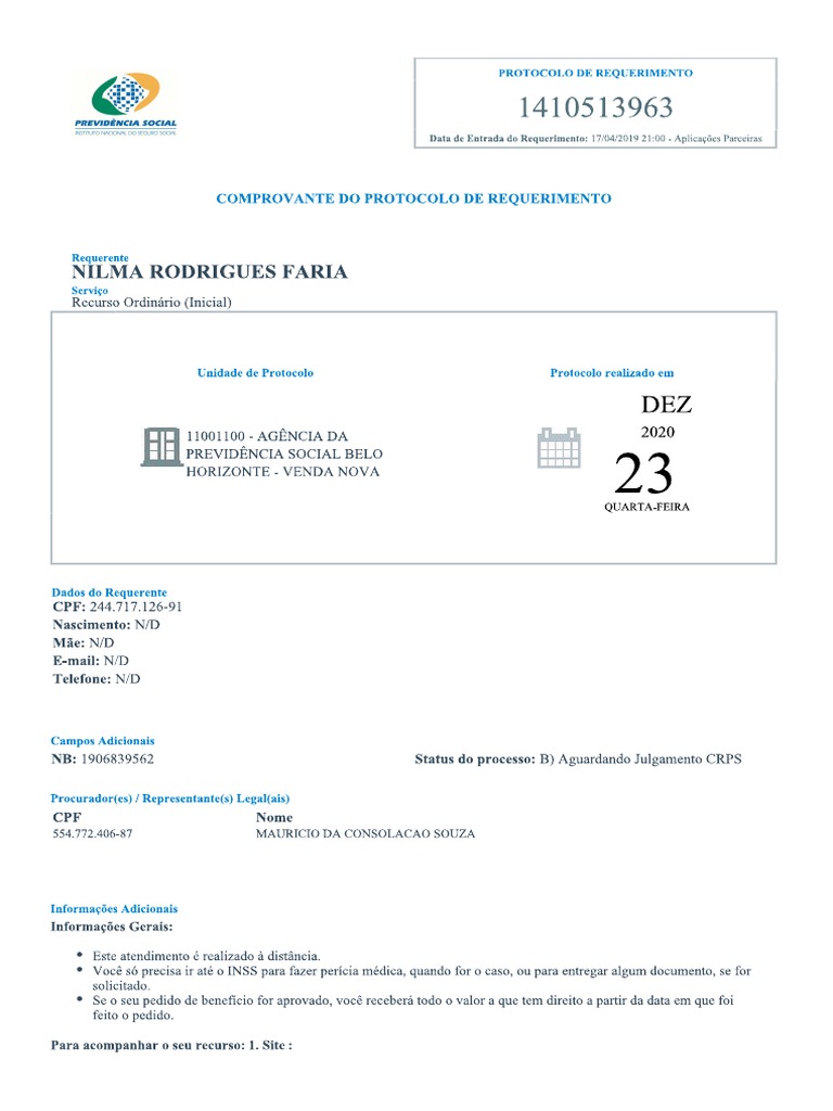 Protocolo de Requerimento Inss | PDF