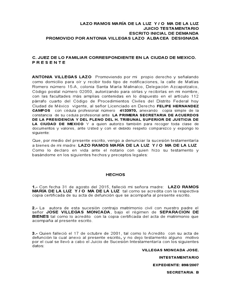 Escrito Inicial de La Sucesión Testamentaria de Lazo Ramos Maria de La ...