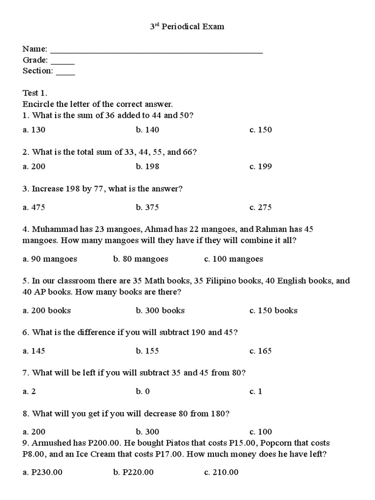 3rd Periodical Exam-MATH | PDF | Division (Mathematics) | Arithmetic