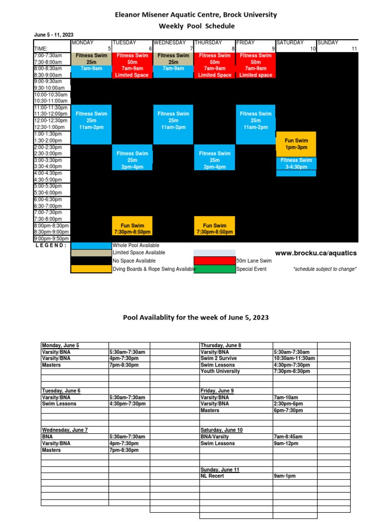 Brock University Pool Schedule June 2023 | PDF