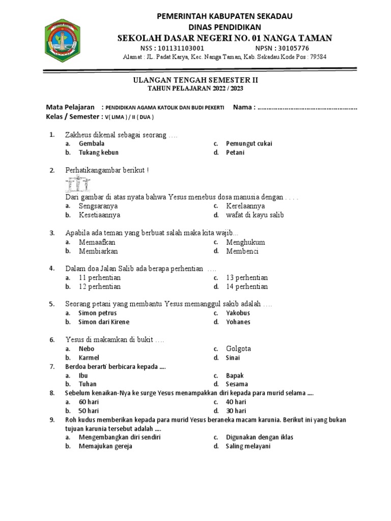 Soal Uts Agama Katolik KLS 5 SMTR 2 THN 2023 2 | PDF