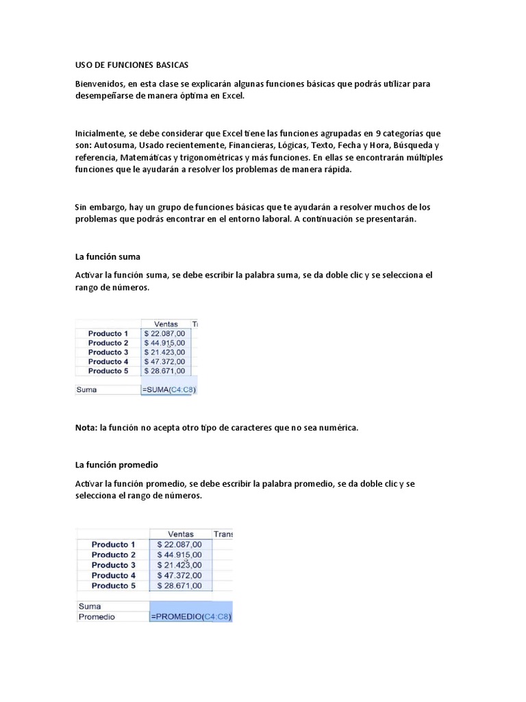 Uso de Funciones Basicas | PDF | Función (Matemáticas) | Microsoft Excel