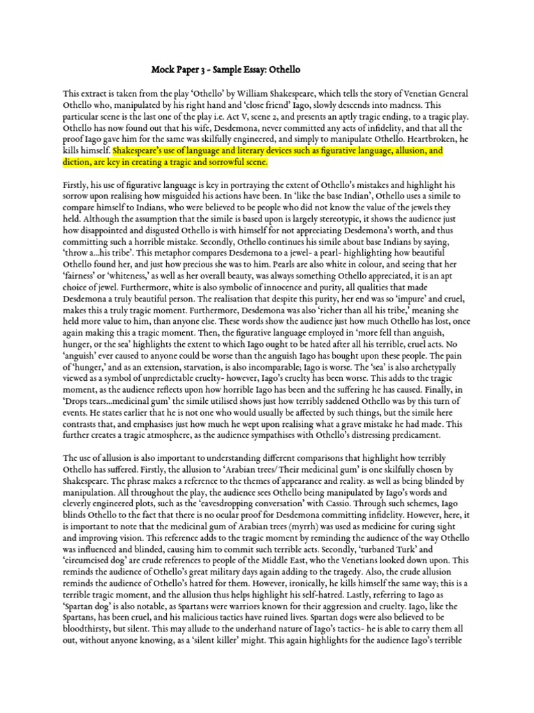 Mock Paper 3 Sample Essay | PDF | Iago | Othello