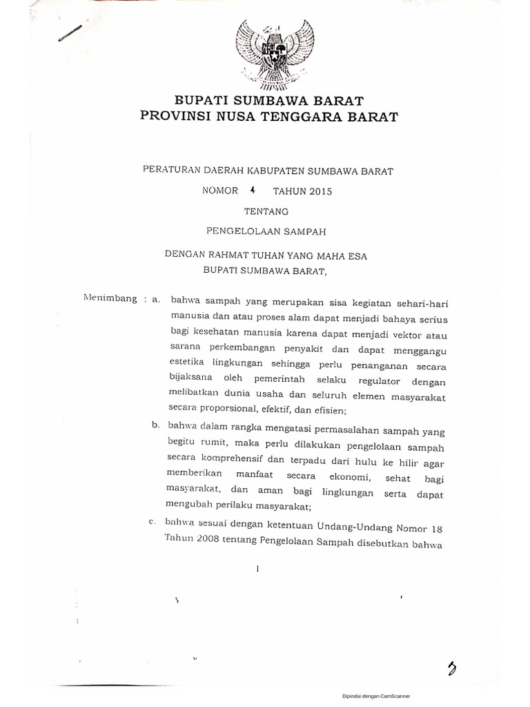 Perda KSB Nomor 4 Tahun 2015 Tentang Pengelolaan Sampah | PDF