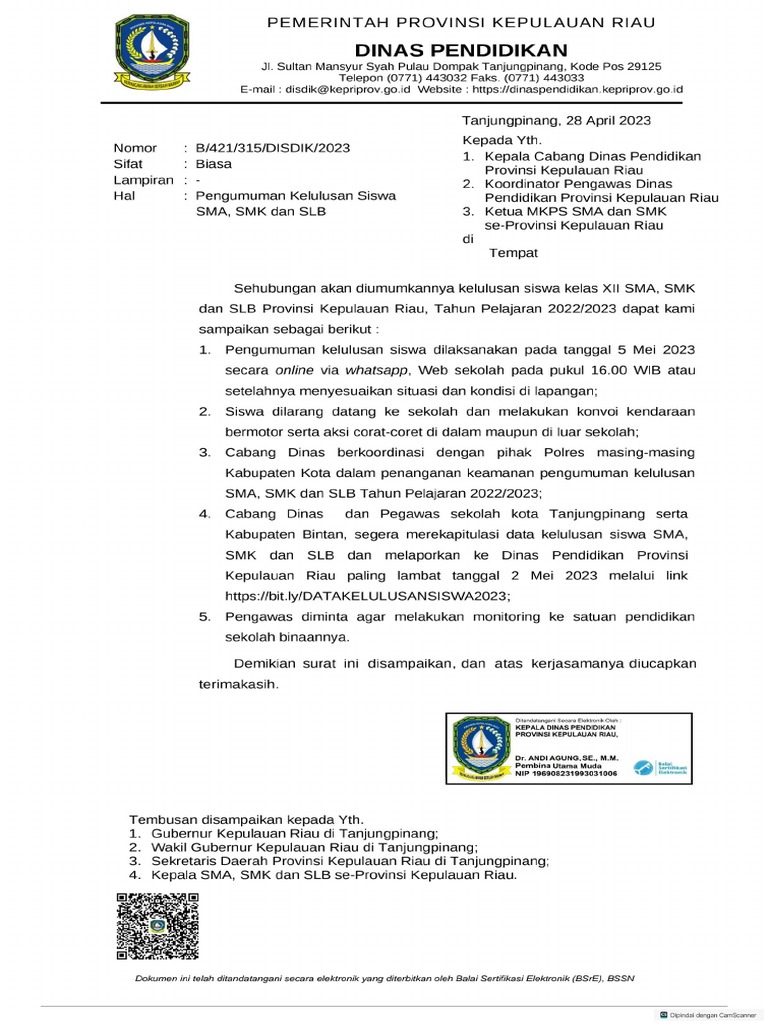 SURAT TENTANG PENGUMUMAMN KELULUSAN SISWA SMA, SMK Dan SLB TP 2022 2023 | PDF