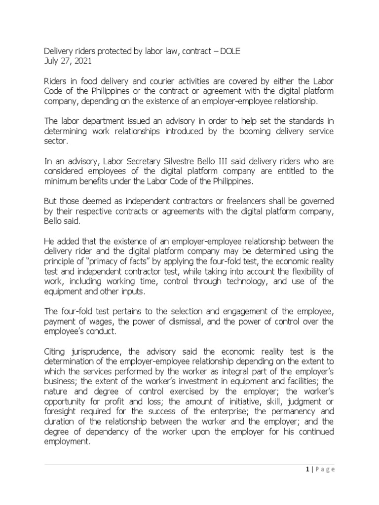 Labor Rights of Delivery Riders in PH | PDF | Employment | Labour Law