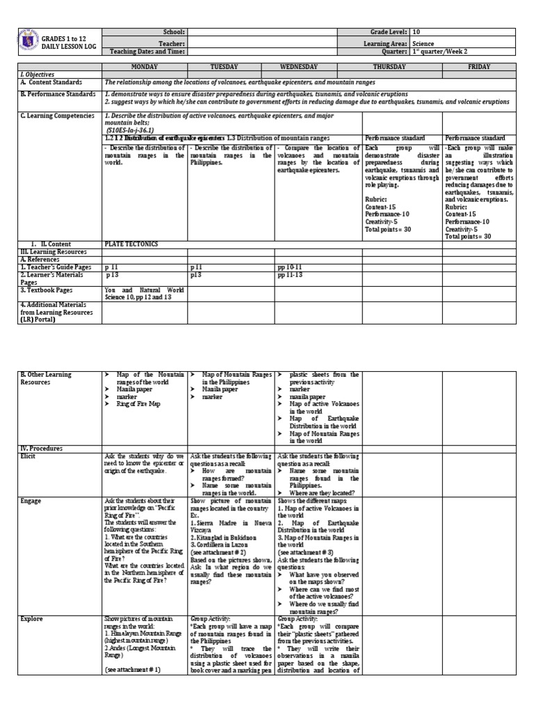 DLL_Science 10_Quarter 1_Week 2 | PDF | Earthquakes | Volcano