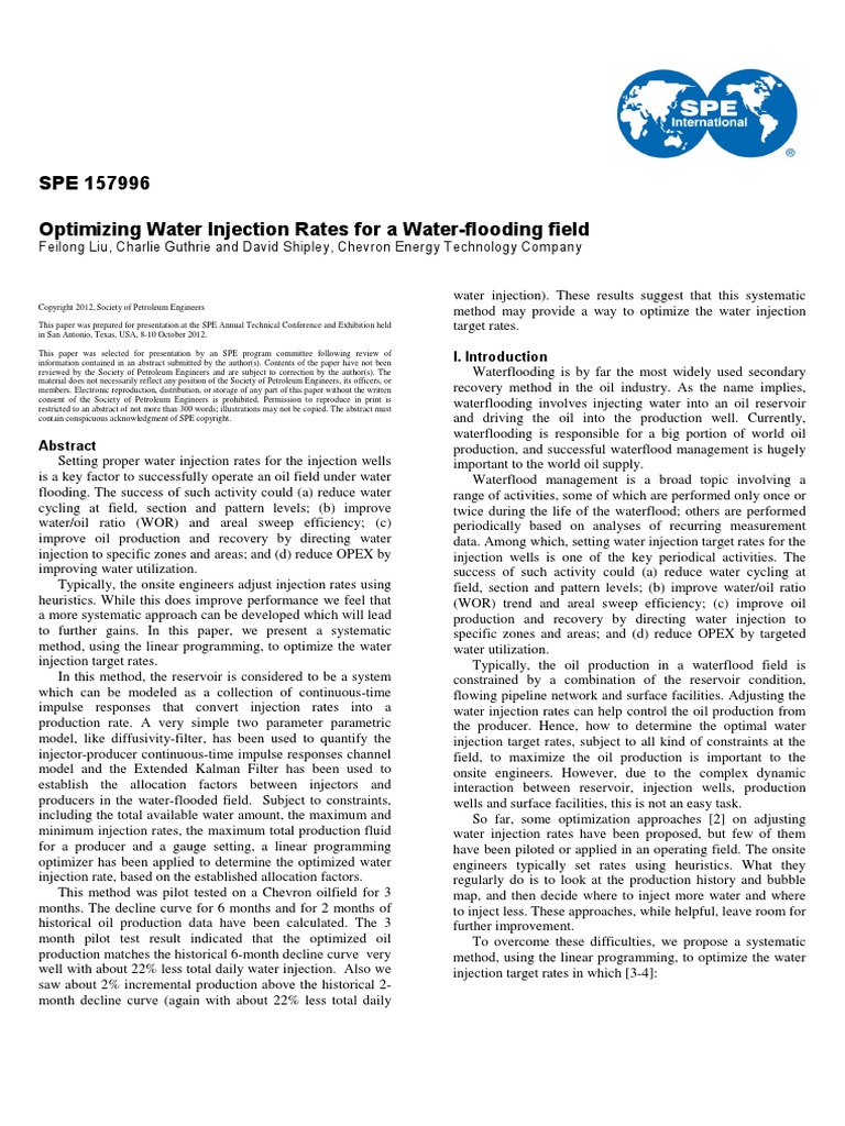 SPE 157996 Optimizing Water Injection Rates For A Water-Flooding Field ...