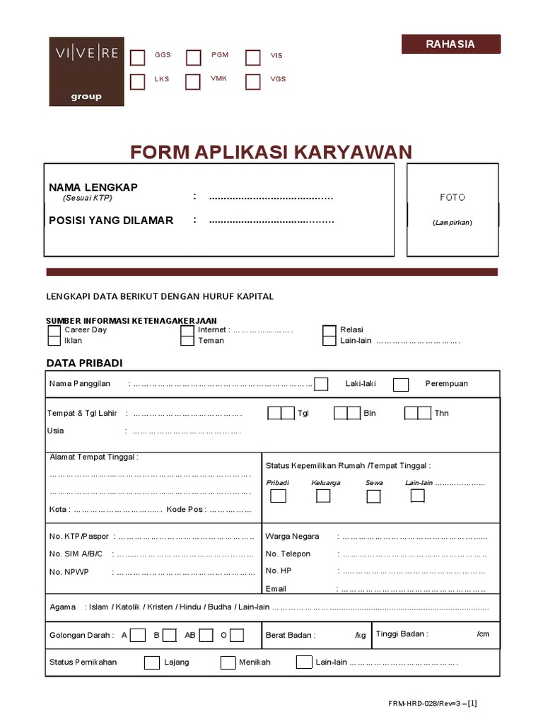 Form Aplikasi Karyawan - VIVERE Group | PDF