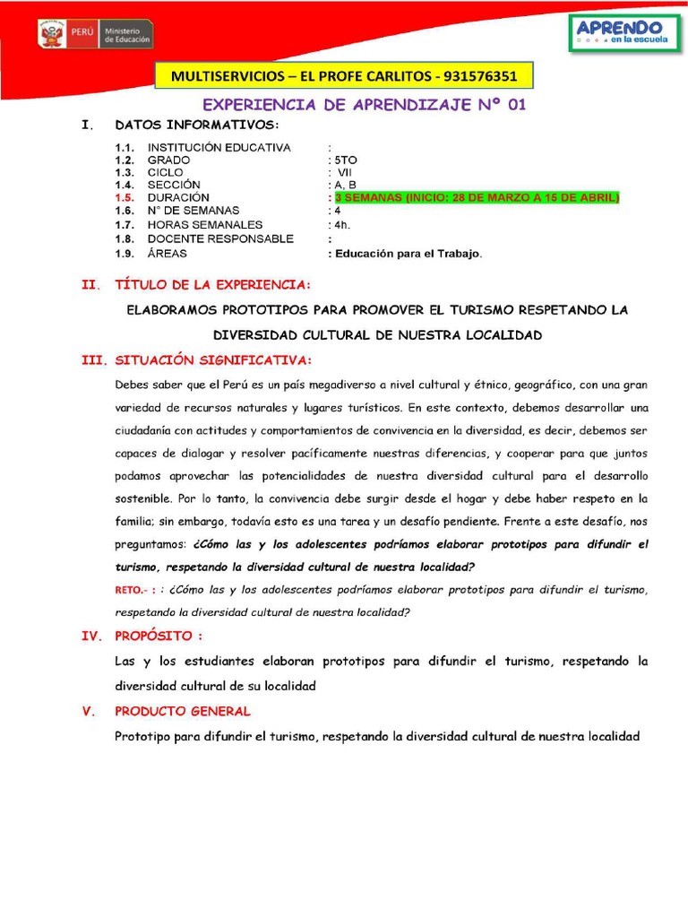 Experiencia De Aprendizaje N 01 Ciclo Vii 5to Grado Ept 2022 Pdf