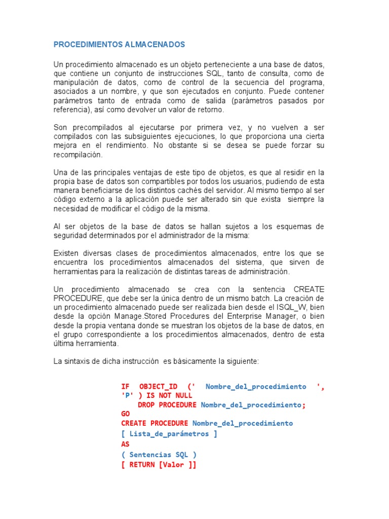 Procedimientos Almacenados SQL | PDF | SQL | Bases de datos